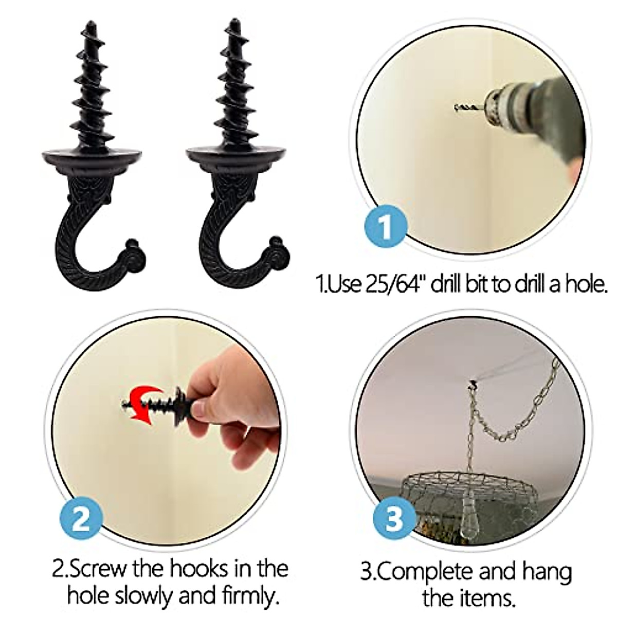 HARSKIYER 6pcs Black Ceiling Hooks, 3" / 75.5mm Ceiling Mounted Hooks Heavy Duty Swag Hook for Hanging Plants Fruit Basket Wind Chimes Lamp
