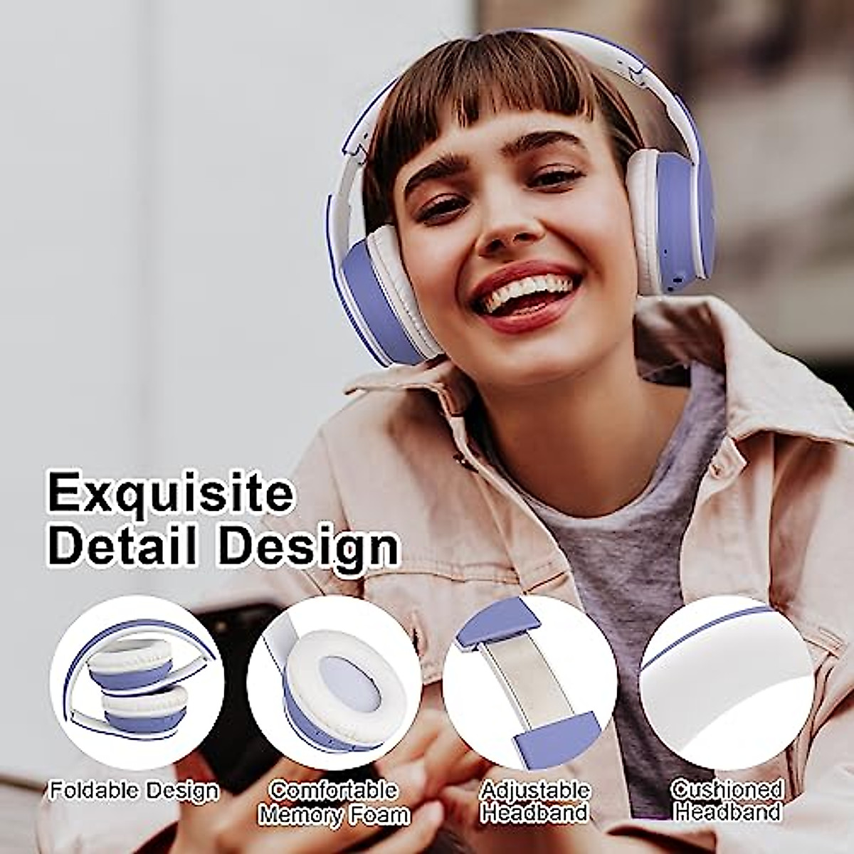 JOMILIN B9 Wireless Headphones Over-Ear, 60 Hours Playtime Lightweight Folding Hi-fi Stereo Bass Bluetooth Headset with Mic, Volume Control Headphones for iPad/Travel/Tablet/PC (Purple)