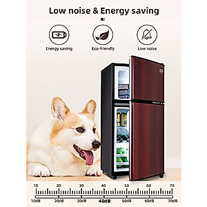 KRIB BLING Compact Refrigerators with Freezer on Top, Mini Fridge with 7- Level Adjustable Thermostat, Small Refrigerator for Apartment, Office, Camping, Wood