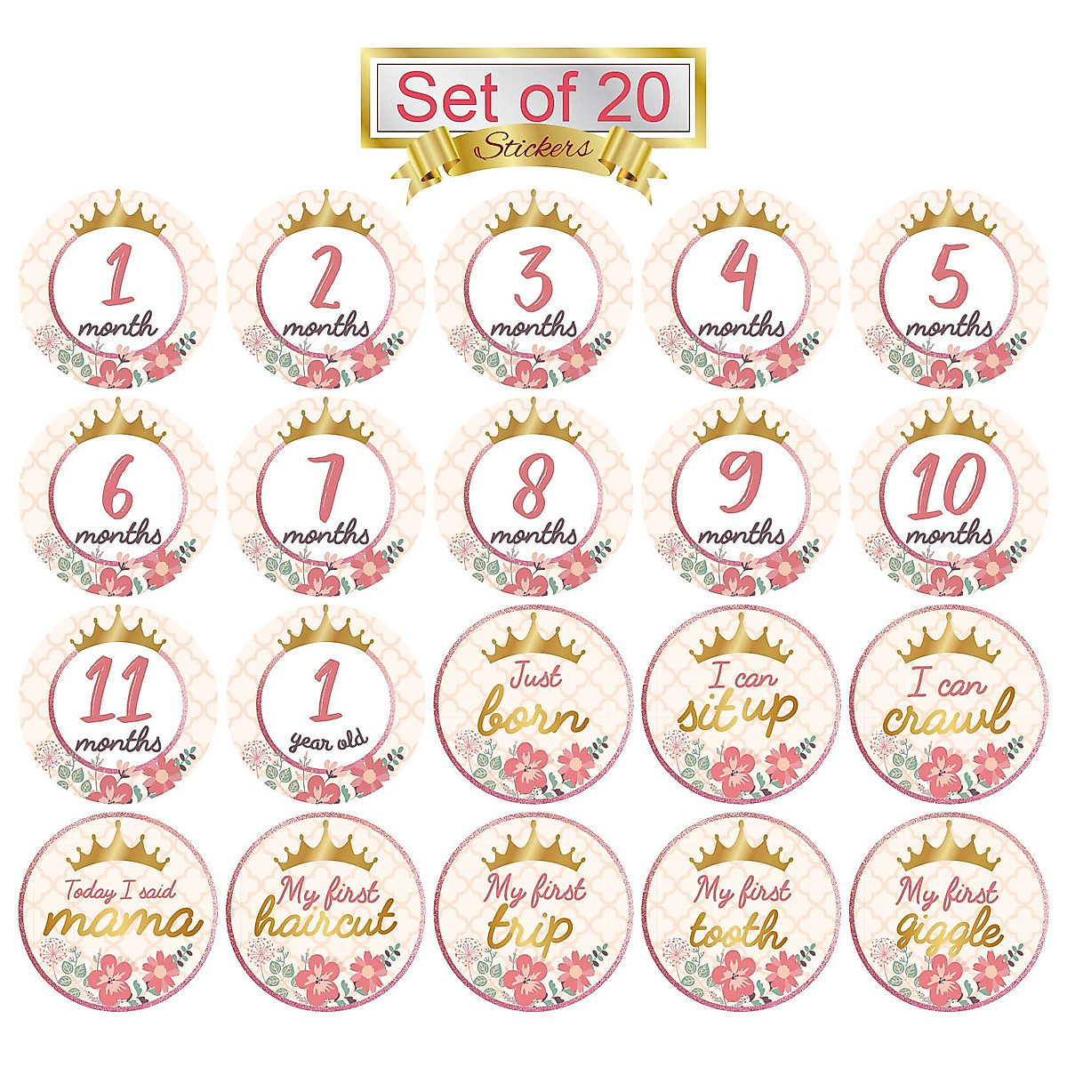 Baby Monthly Milestone Stickers, (Set of 20) Baby Belly Stickers with Crown Rose Gold Flower, Best Baby Shower Registry Gift, Scrapbook Photo Keepsake or Baby Photo Sharing Milestone Sticker.