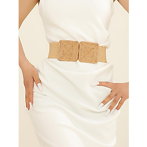 Verdusa Women's Symmetrical Buckle Straw Belts Wide Belt Elastic Waistband Khaki 80