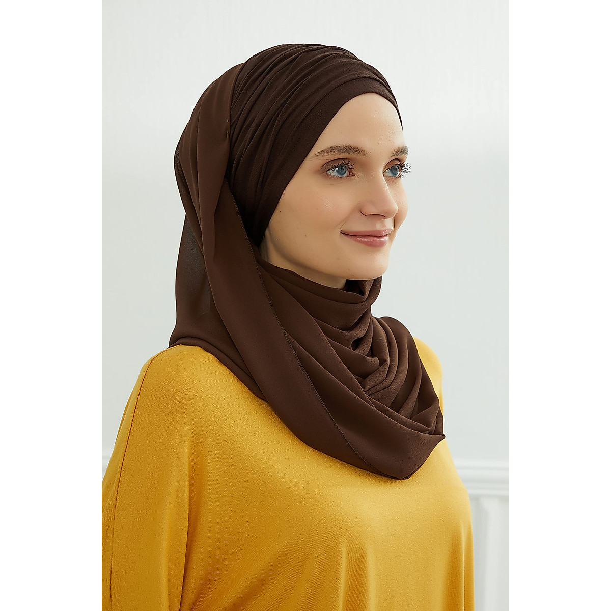 Aisha's Design Pre-tied Cotton Turbans for Women with Chiffon Shawl, Instant Scarf Hijab Stylish Design, Brown - Brown