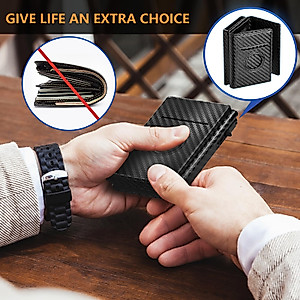 Trifold Wallet for Men with AirTag Holder, Smart Mens Wallet, Pop-Up Card Holder, Cash Slot, Carbon Fiber Case, RFID Blocking, Minimalist Slim Leather Groove Wallet, ID Window, with Gift Box