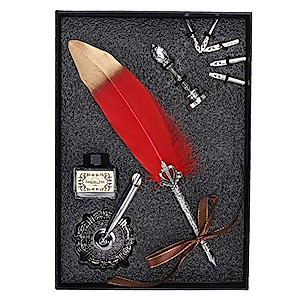 GLOGLOW Feather Pen Set, Vintage Calligraphy Writing Pen Kit with 5pcs Replacement Nib, Seal, Empty Ink Bottle for Office Stationery(Red)