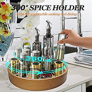 14 Inch Bamboo Lazy Susan Organizer, Wooden Turntable for Kitchen Countertop, Wood Rotating Tray Turn Table with Handle, Spinning Spice Rack for Cabinet Pantry Counter Top Organization