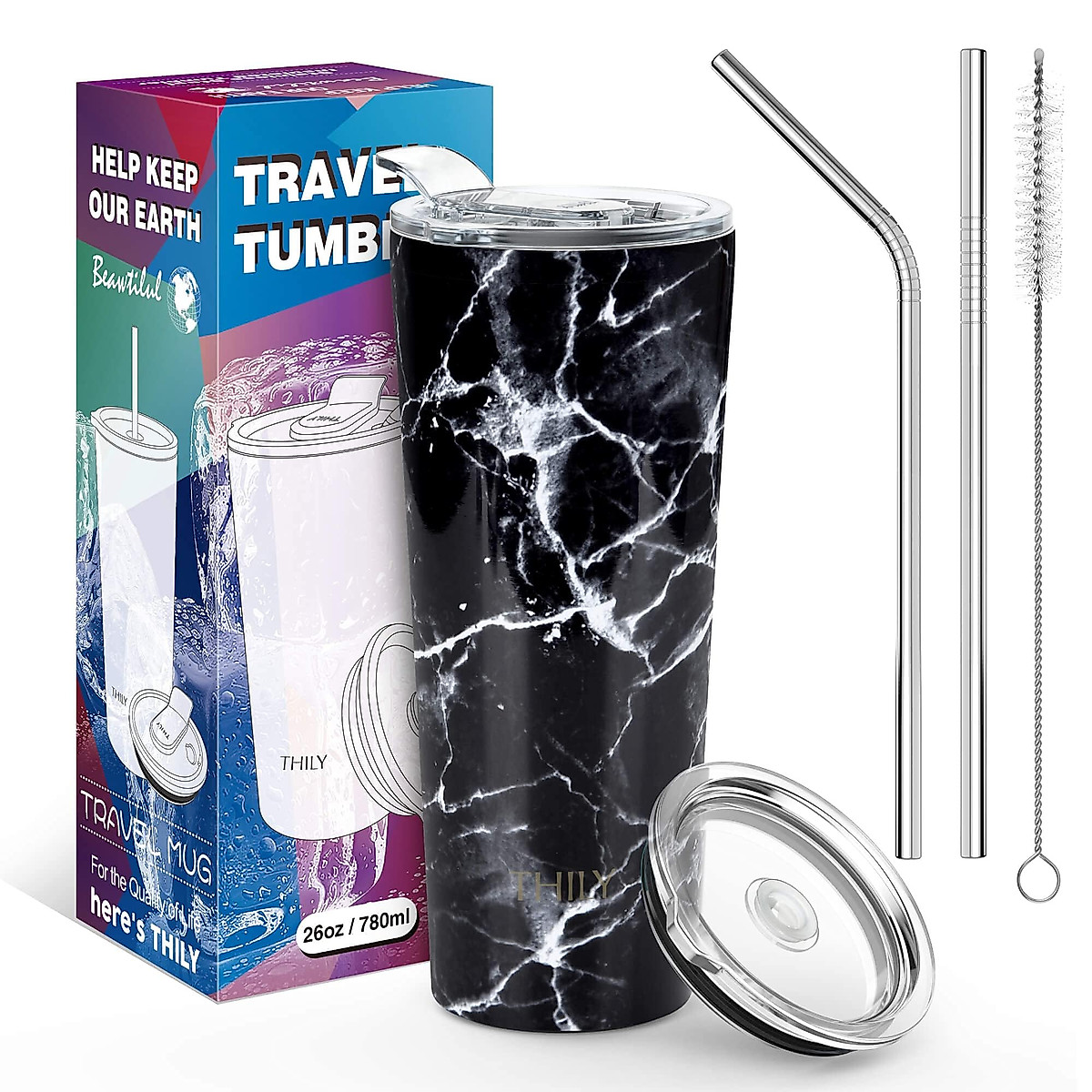 THILY Stainless Steel Vacuum Insulated Tumbler Travel Mug 26 oz Coffee Cup with 2 Lids and Straws, Splash Proof, Keep Ice Drinks Cold, Black Marble