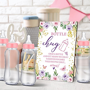 Sherr Butterfly Cool Baby Shower Games Bottle Chug Sign Wooden Butterfly Baby Gift Sets Gender Reveal Party Favors and 12 Pcs Baby Bottle Shower Favor Baby Bottles for Baby Shower Games Gender Reveal
