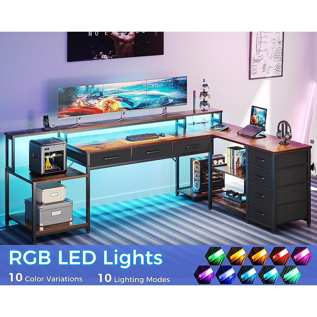 AODK 79" L Shaped Desk with 7 File Drawers, L Shaped Computer Desk with 2 Power Outlets & Monitor Shelf, Home Office Desk with Storage Shelves, Reversible Gaming Desk with LED Light, Vintage