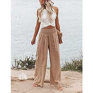 Hooever Women's Summer Linen Pants High Waisted Wide Leg Palazzo Pant Flowy Lounge Trousers (Khaki-S)