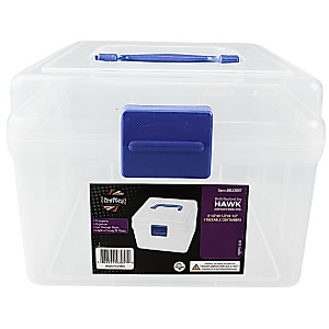 BIN BUDDY 8.25" x 8.25" x 6" (21 cm x 21 cm x 15.2 cm) Clear Plastic Storage Box | Blue Handle and Latch | Lightweight and Sturdy | Ideal for Beading, Crafting, and Hobbies