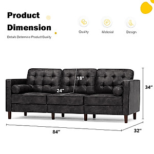 Lesofair 84" Faux Leather 3-seat Sofa with 2 Bolster Pillows, Tufted Couch with Wooden Legs, Morden Sofa Suitable for Living Room, Office, Black