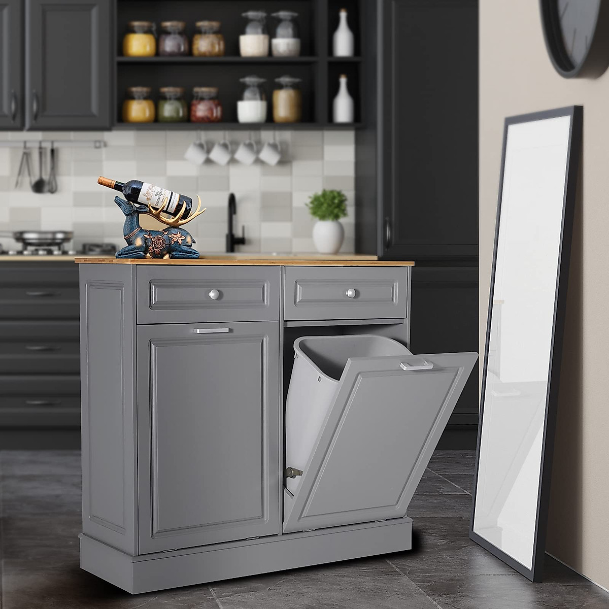 UEV Double Kitchen Trash Cabinets,Two Tilt Out Trash Cabinets with Solid Hideaway Drawers,Free Standing Wooden Kitchen Trash Can Recycling Cabinet Trash Can Holder (Grey)