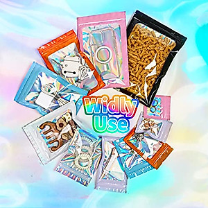 100 pack mylar bags holographic smell proof packaging bag for small bussiness resealable zipper sealable pouch bags sample, jewelry, lipgloss, food,soap,electronic supplies（3.5×4.7 inch,black）