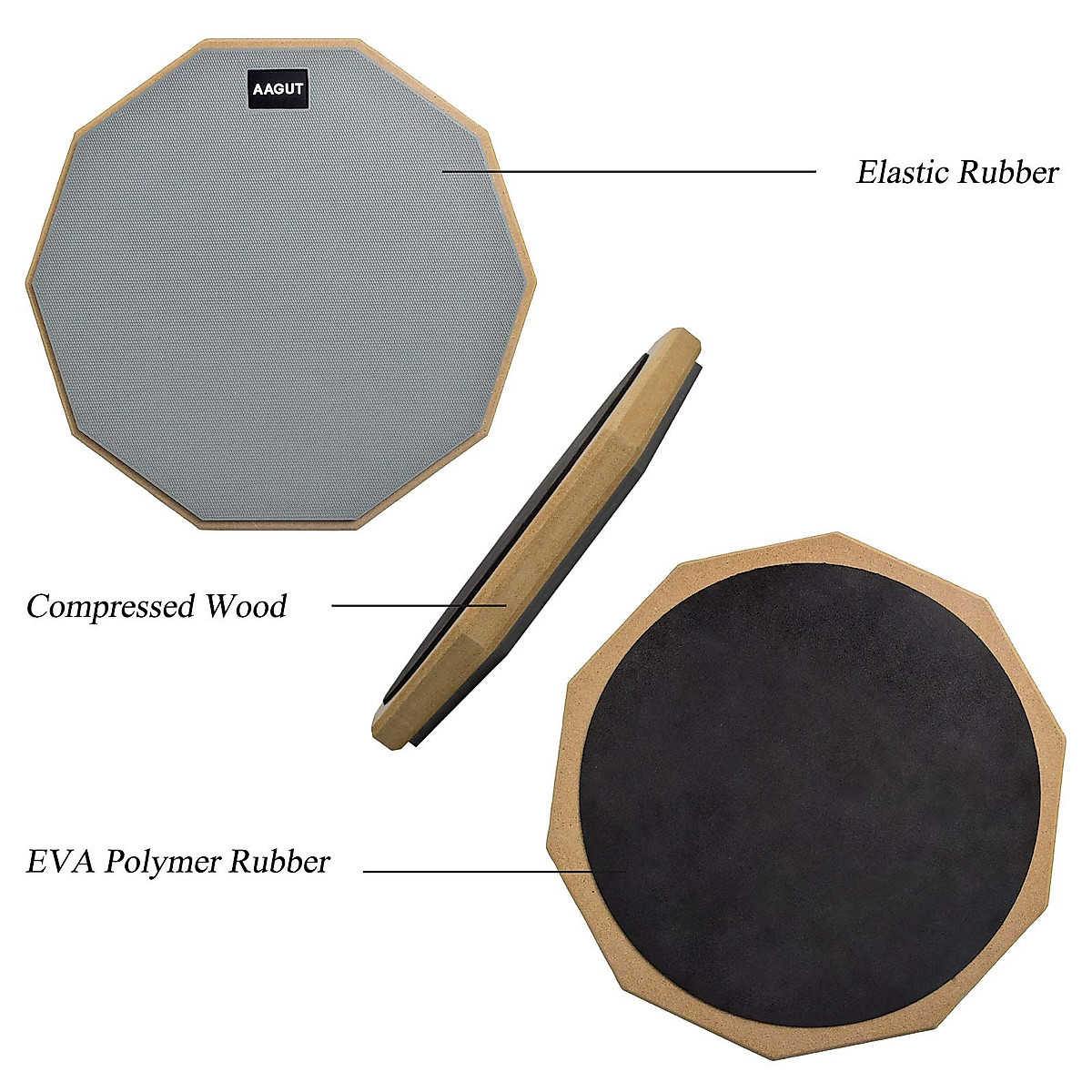 AAGUT Practice Pad with Drum Sticks Set, 12 Inch Marching Band Bass Snare Drums Pads with 4 Hickory Classic Drumsticks and Carry Bag (Gray)