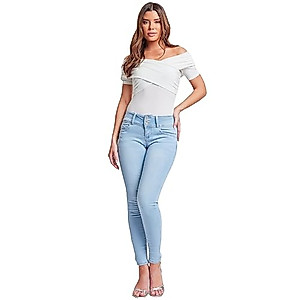 YMI Women's Wannabettabutt Sustainable Mid-Rise Skinny Jeans, 3-Button Zip Fly, Butt-Lifting Stretch Denim, Light Blue, 5