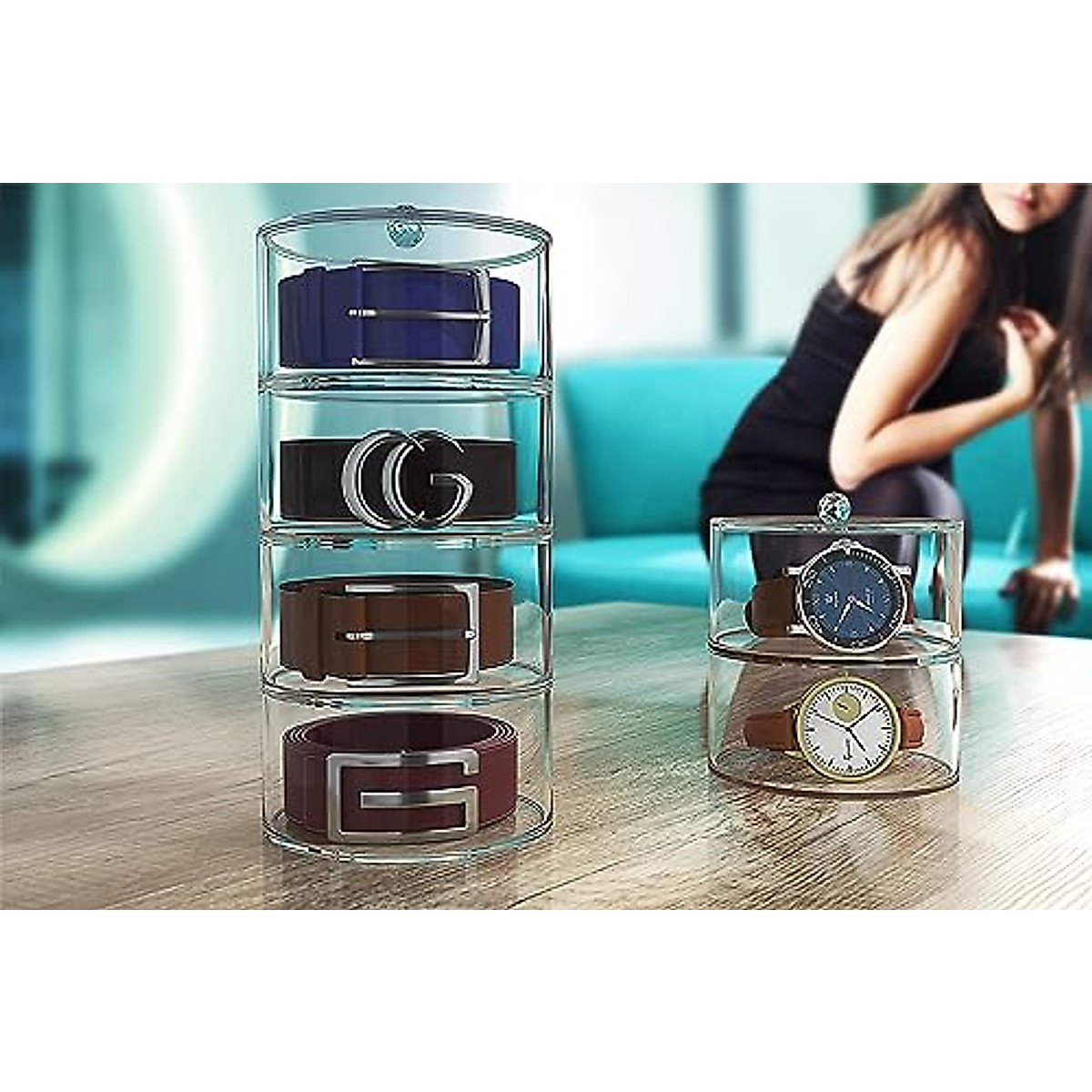 ELYPRO Premium Acrylic Belt Organizer - Sleek, Multi-Functional Storage for Belts, Jewelry, Makeup & Hair Accessories - Transparent, Rotating Drawers, Stackable & Wall-Mountable Design (XL-4)