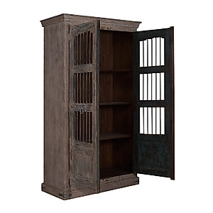 Handmade Farmhouse Style Armoire with Iron Grill 81 Inch Tall Display | Vintage Handcarved White Curio Cabinet | Rustic Distressed Off White Cabinet | Solid Wood Storage Armoire