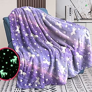 Glow in The Dark Throw Blanket for Kids, Unicorn Super Soft Flannel Blanket for Girls, Best Christmas Birthday Thanksgiving Magical Gifts for Girls Kids(50'' x 60'', Purple)