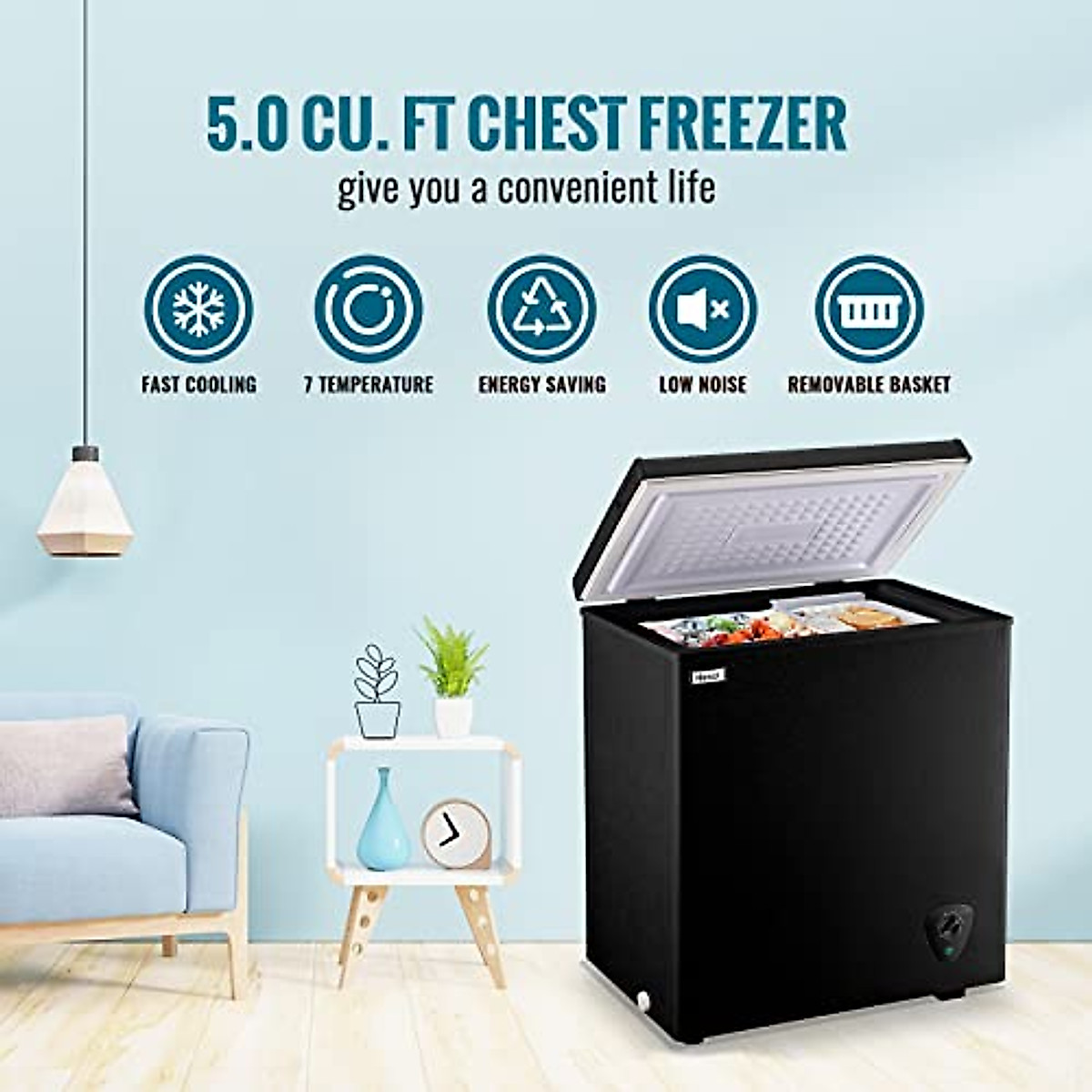 Deep Freezer Small Chest Freezer 5.0 Cu.Ft Mini Chest Freezer with 7 Temperature Settings, Compact Deep Freezer with Top Open Door, Adjustable Storage Basket, Low Noise, Energy Saving,Black