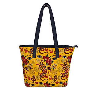 Snakes Lips Eyes Roses Flame Women's Tote Bag PU Leather Shoulder Bag Handbags Purse For Work Shopping Travel