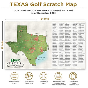 Golf Maps USA Texas State Golf Scratch Map with 263 Courses - Scratch-Off Golf Print with Eye-Catching Red Flags - Golfing Wall Decor - Unique Poster Gift for Golfers (Updated June 2023)