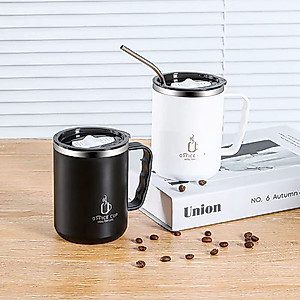 Lcxecnw Coffee Cup Mug with Handle,16 oz Stainless Steel Mugs,Double Wall Vacuum Travel Mug,Tumbler Mugs with Straw and Sliding Lid,Hot & Cold Drinks for Home Office (Black)