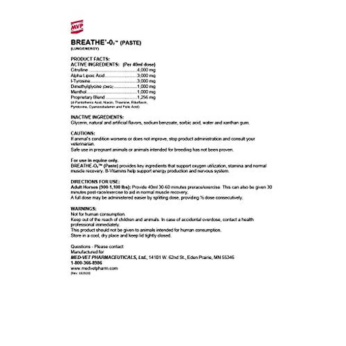 Breathe O'2 4 -Pack (8 doses) Pre-Race Paste to Support Lung/Airway Function in Horses