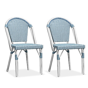 PURPLE LEAF Dining Chair Set of 2 Outdoor French Bistro Chairs Hand-Woven Aluminum Wicker Rattan Chairs for Garden Kitchen Backyard Porch White Print Finish Patio Chairs Light Blue