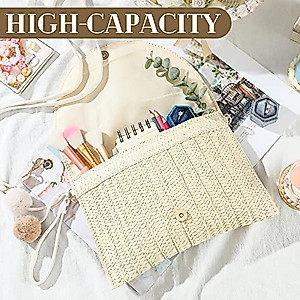 Bride Straw Shoulder Bag Woven Envelope Wallet Pearl Rhinestone Wedding Vacation Purse Honeymoon Bridal Shower Gift for Bride (Bride White Style)