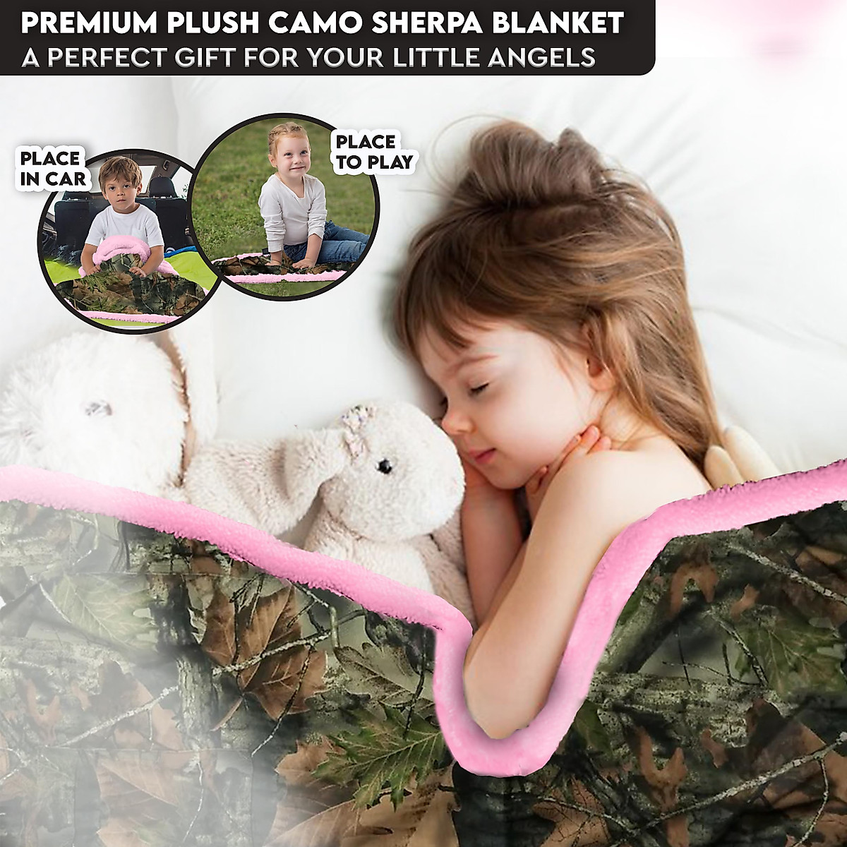 Baby Infant Camo Accent Soft Sherpa and Plushed Lined Coral Fleece Gift Blanket (Everest White)