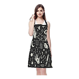 EKOBLA Magical Witchcraft Aprons Hand Eyes Moon Skull Cat Bat Snake Dagger Mushroom Key Waterproof Resistant Chef Cooking Kitchen BBQ Adjustable Aprons for Women Men 27x31 Inch