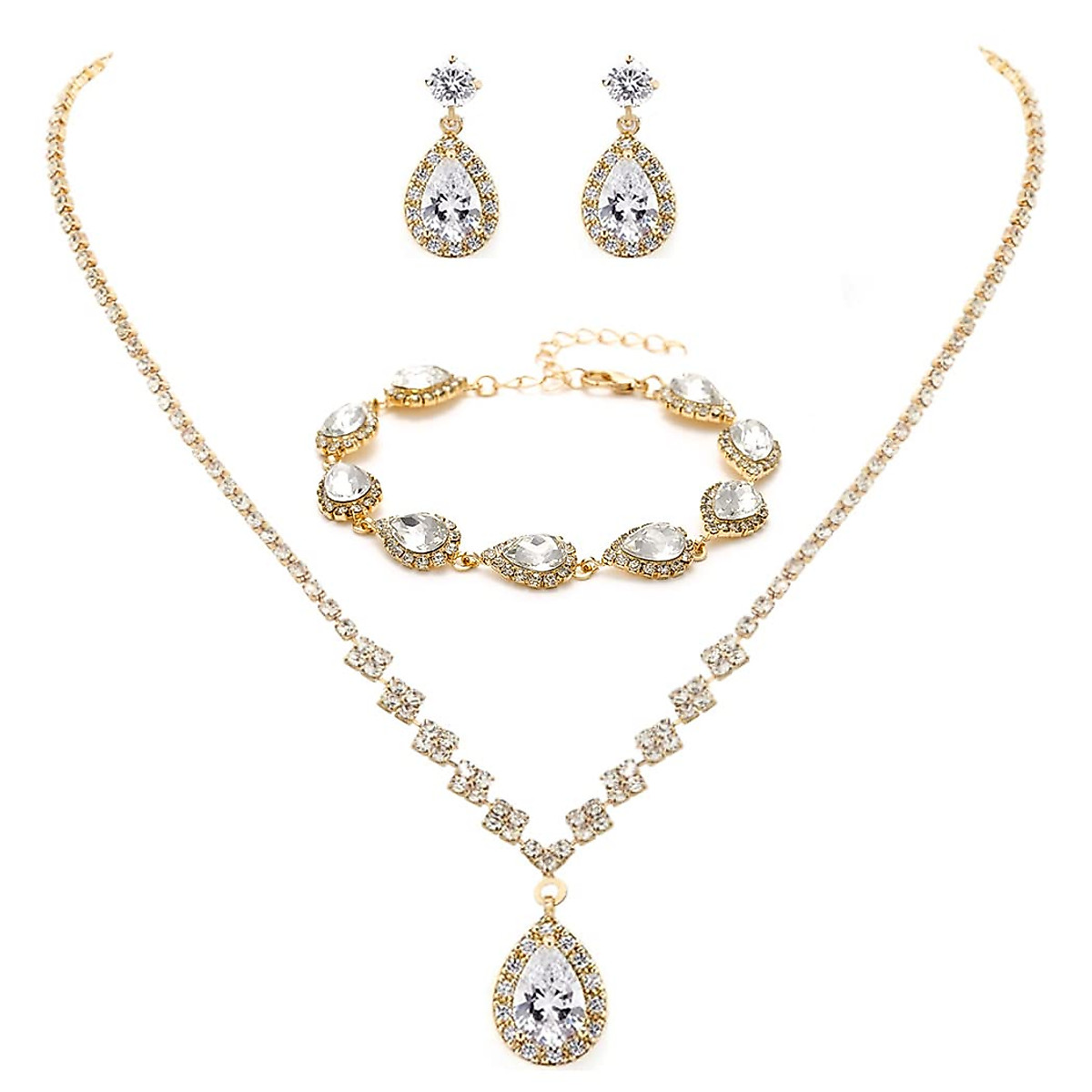 Unicra Bride Crystal Necklace Earrings Bracelet Set Bridal Wedding Jewelry Sets Rhinestone Prom Costume Jewelry Set for Women and Brides (D-3 Pack Gold Necklace Bracelet Earrings)