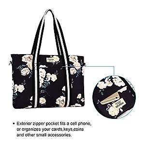 MOSISO Laptop Tote Bag for Women (17-17.3 inch), Canvas Camellia Multifunctional Work Travel Shopping Duffel Carrying Shoulder Handbag, Black