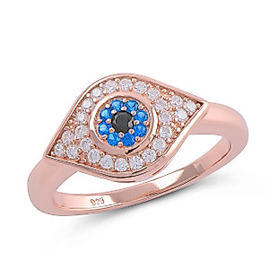 SILVERCLOSEOUT Rose Gold Plated Sterling Silver Blue Cz Evil eye Ring - Size 8