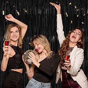 Black Metallic Tinsel Foil Fringe Curtains Backdrop 2Pack 3.3x8.3Ft Party Streamers for Birthday Party Decorations Halloween Christmas Decors Foil Curtain Backdrop for Bachelorette Bridal Party