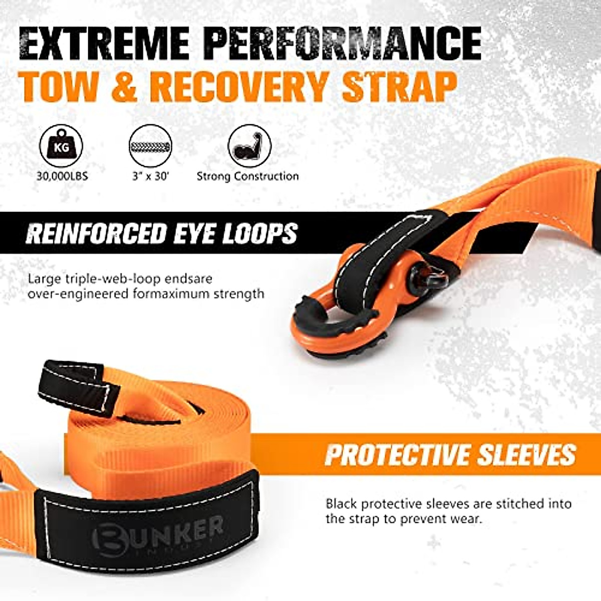 BUNKER INDUST Heavy Duty Tow Strap Recovery Kit,3" x 30ft 30,000lbs Snatch Strap + 2" Shackle Hitch Receiver + 5/8" Locking Pin + 3/4" D Ring Shackles with Isolator+ Bag,Off Road Gear Accessories