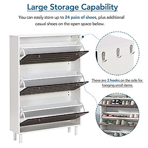 Cozybedin Minimalist Slim Shoe Cabinet with Hanging Hooks, Slits Design Panels Entryway Organizer with 3 Flip Drawers, Free Standing Shoe Rack with Adjustable Panel for Hallway, White