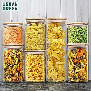 Urban Green Glass Jar with Bamboo Lids, Glass Airtight food Storage Containers, Glass Canister set, Spice Jar, Glass storage containers with lids, Pantry Organization and Storage set of 5