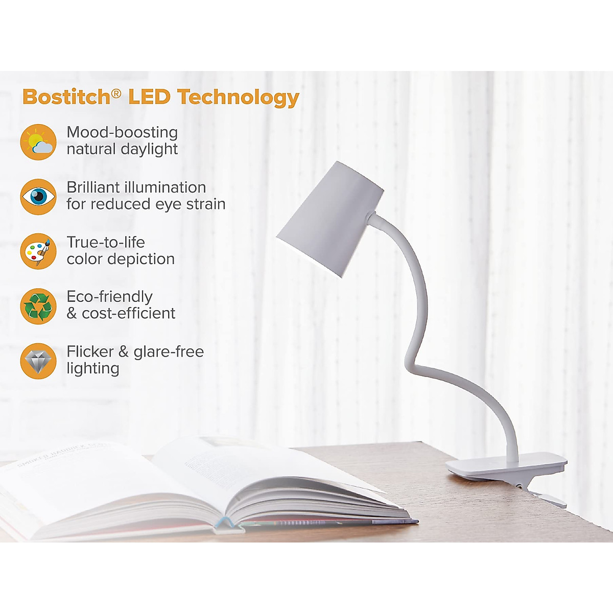 Bostitch Office Adjustable LED Clamp Light, Compact Design, Flexible Neck, Flicker Free, Suction Cups for Stable Installation, White (LED2103)