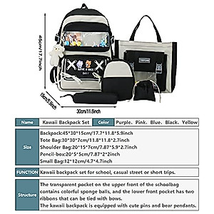 DUOBAOYU 5PCS Kawaii Backpack Set with Cute Pendants and Pins Accessories Aesthetic Rucksack for Teen Girls 17in Cute School Bags Bookbag with Shoulder Bag,Pencil Box,Tote Bag,Small Bag,Black