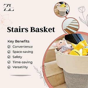 Rope Stair Basket for Carpeted and Wooden Stairs - Rope Basket with Handles - Cotton Rope Storage Basket - Collapsible Basket for Stairs With Felt Sheet Internal Support (Large, Cotton Rope Brown)