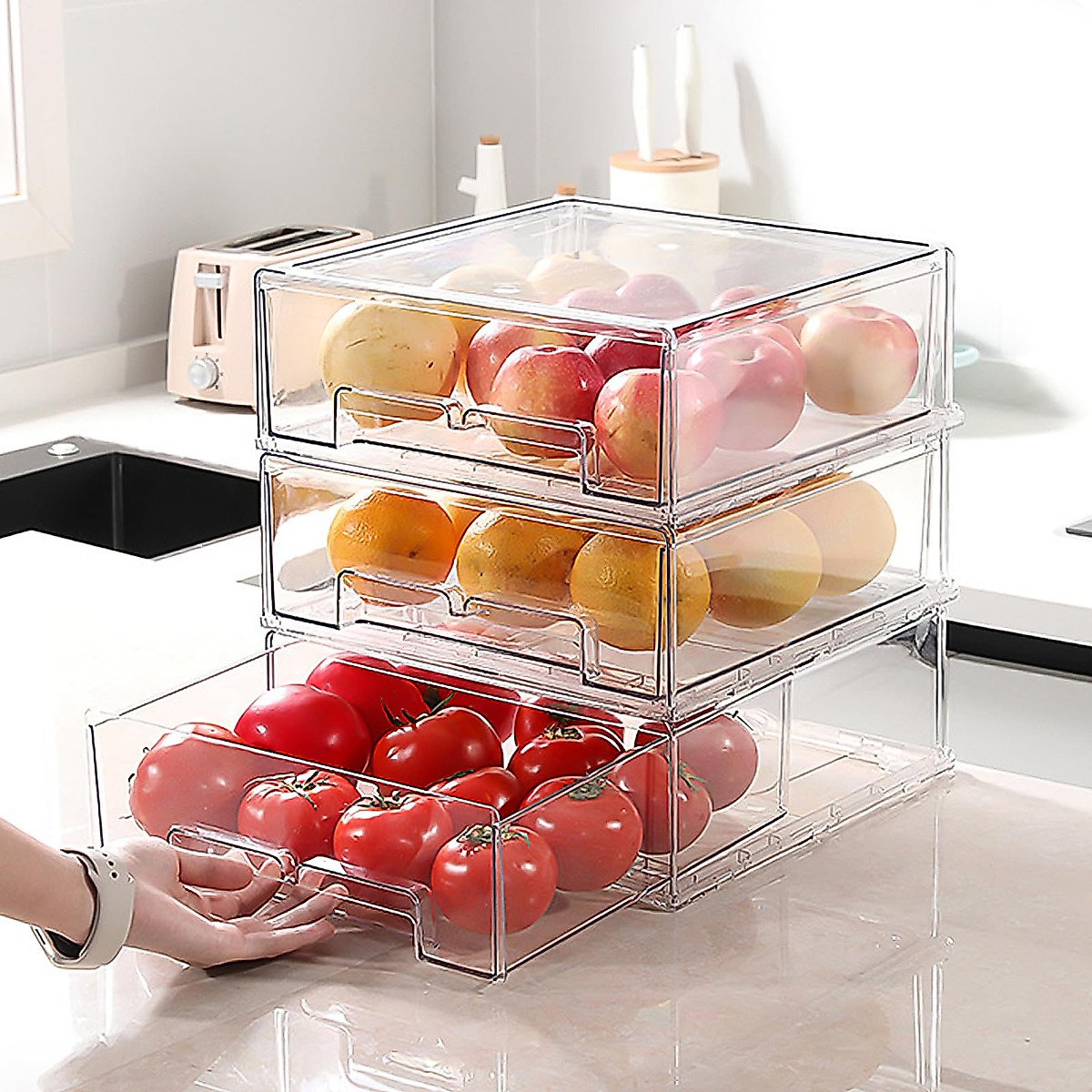 3 Pcs Extra Large Refrigerator Organizer Bins - Pull-Out & Stackable Fridge Drawers, Clear Food Storage Containers for Fruit & Vegetables, Kitchen & Freezers