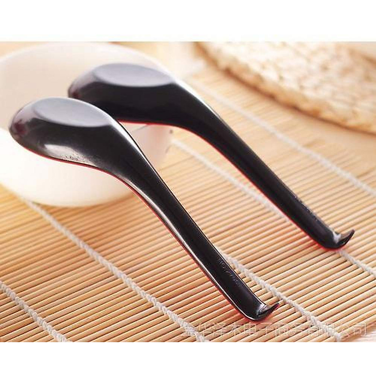 JapanBargain 4623, Set of 2 Soup Spoons wiht Hook Asian Japanese Chinese Wonton Soba Rice Pho Ramen Noodle Soup Spoons, Black/Red Color