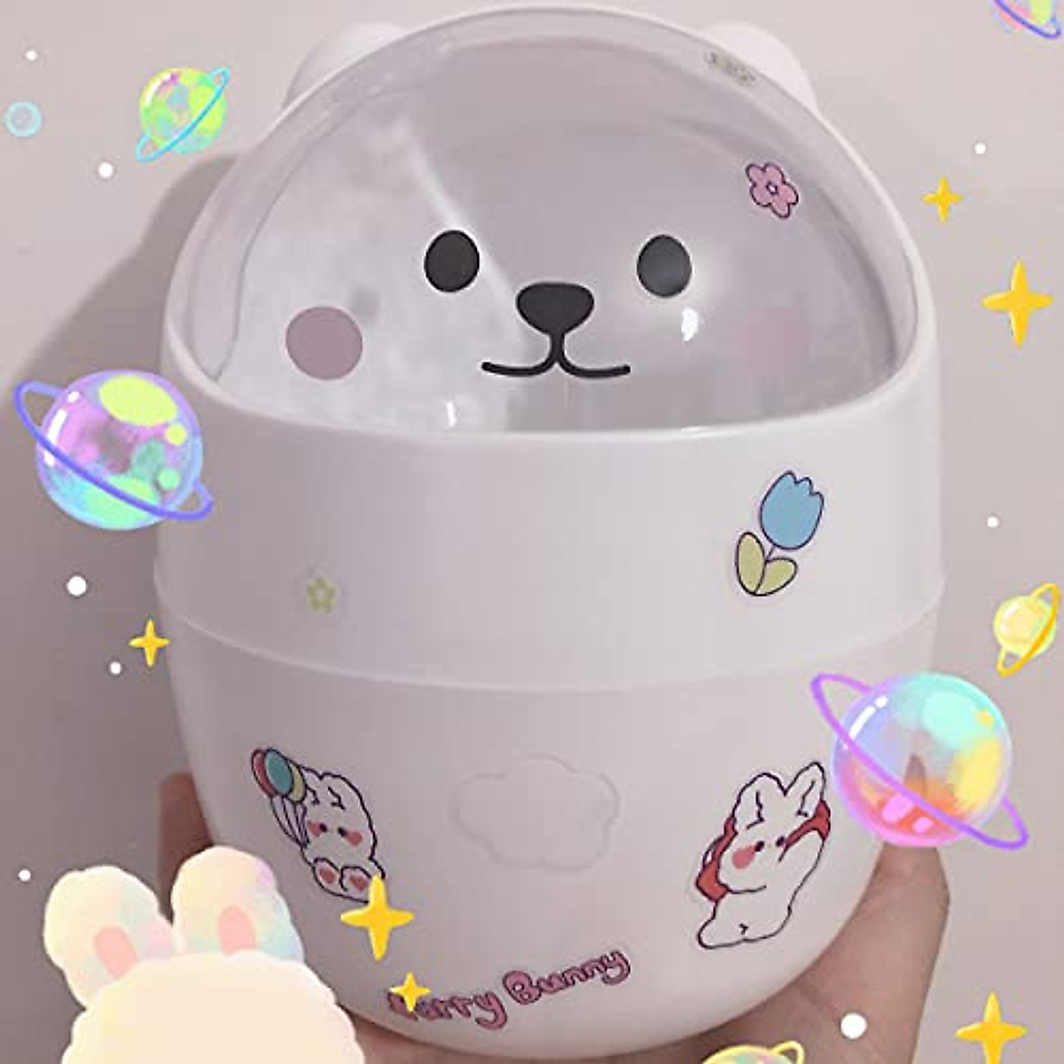 Storage Bucket Desktop with Lid Trash Can Mini Kawaii Cute Bear Trash Bin Storage Box Girl Pen Holder Storage Bucket with Top - White