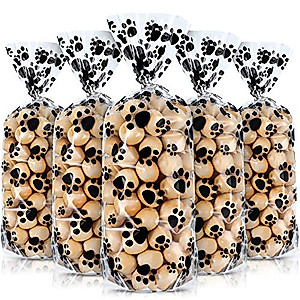 100 Pieces Pet Paw Print Plastic Cellophane Bags Wide Bottom Heat Sealable Treat Candy Bags Dog Cat Gift Bags with 100 Pieces Silver Twist Ties for Pet Treat Party Favor, 11 x 5 x 3 Inch