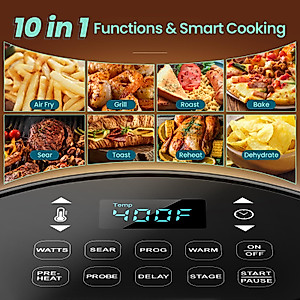 Nuwave Brio 10-in-1 Air Fryer, 6 QT Airfryer Capacity with Smart Probe, Roast Grill Bake for Fast Meals, One-Touch Digital Controls, Powerful 1800W Fryer, 100 Recipes, Removable Divider & Grill Pan