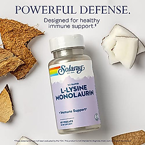 SOLARAY L-Lysine Monolaurin Immune Support Supplement, 1:1 Ratio for Immune System Function, Skin and Gut Health Support, 500 mg Each, 60-Day Money Back Guarantee, 30 Servings, 60 VegCaps