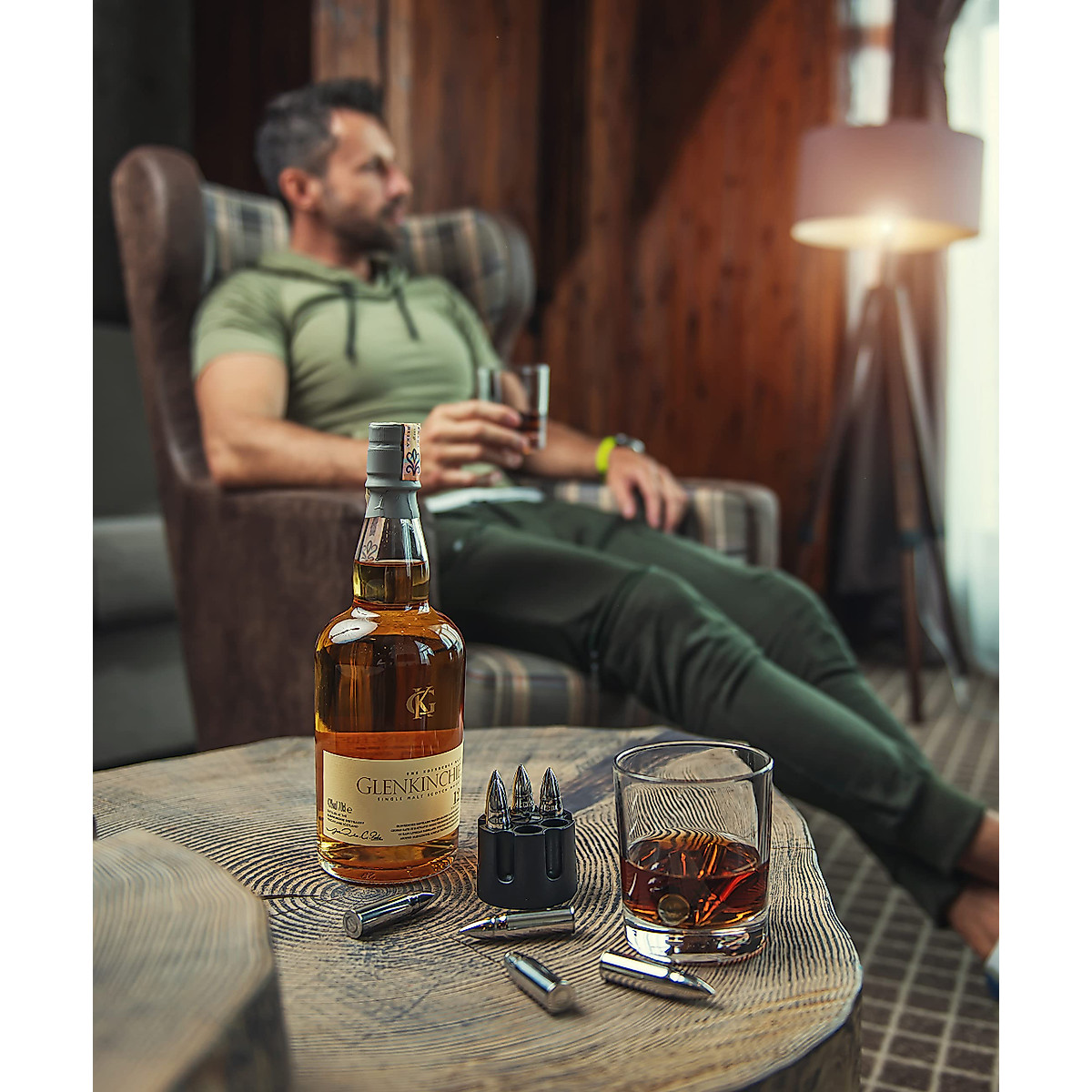 Whiskey Stones Bullets with Base - Silver XL Whiskey Ice Cubes Reusable for Men - Set of 6 Whiskey Bullets Stainless Steel in Revolver Base - Chilling Whiskey Rocks Gift Set by Amerigo