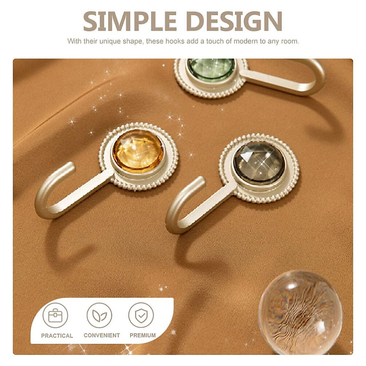 Luxshiny Heavy Duty Adhesive Hooks, 4pcs Jeweled Wall Mount Hangers Hanging Coat Hooks Decorative Towel Hangers for Kitchen Bathroom