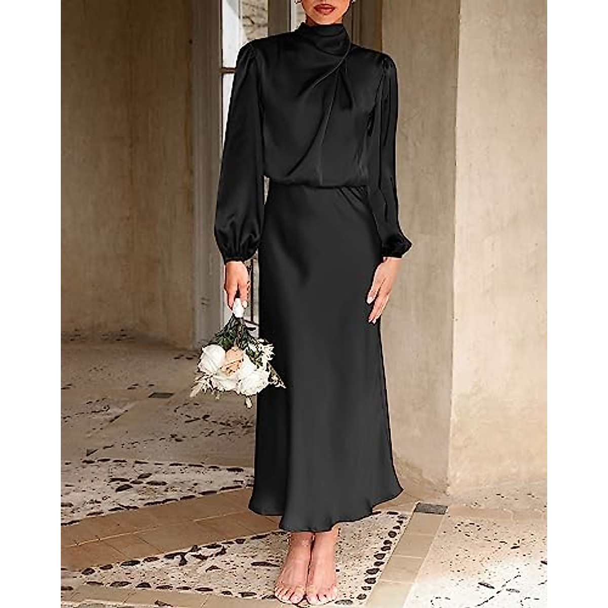 BTFBM Women's Mock Neck Satin Dress Elegant Long Sleeve Elastic High Waist Formal Wedding Cocktail Party Maxi Dresses(Solid Black, Medium)